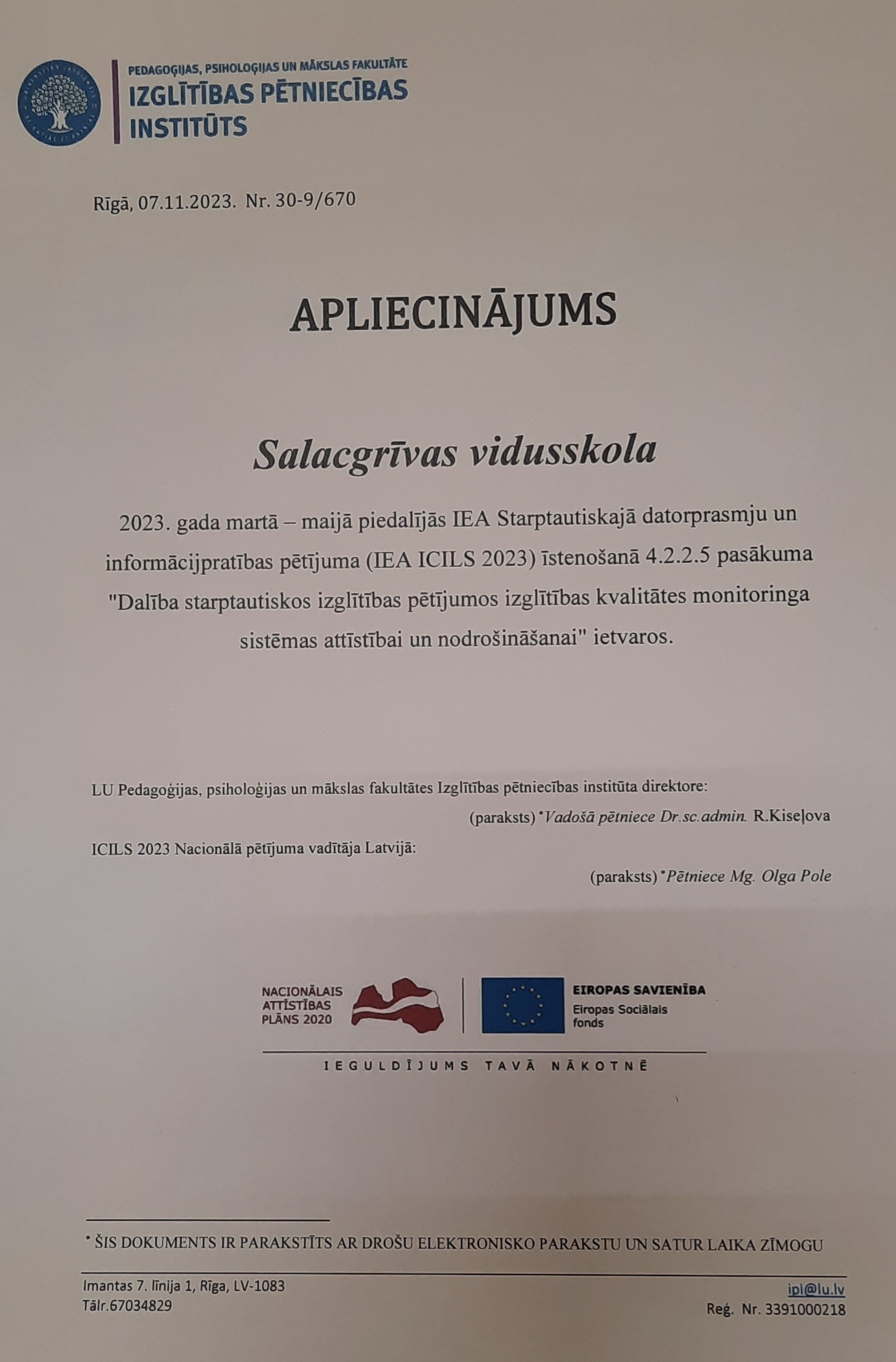 Salacgrīvas vidusskola – starptautiskā pētījuma “IEA ICILS 2023” dalībskola – Salacgrīvas Vidusskola